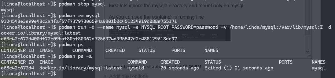 Solved: Podman volume mount /var/lib/mysql problem. - Red Hat Learning Community
